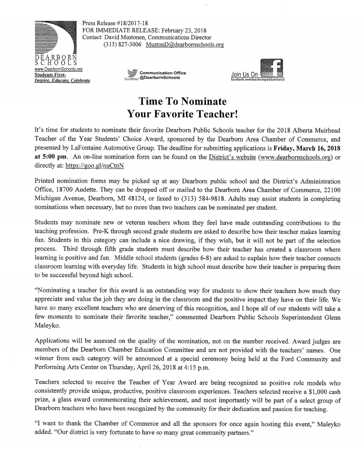 Time to Nominate Your Favorite Teacher!! | Maples Elementary School