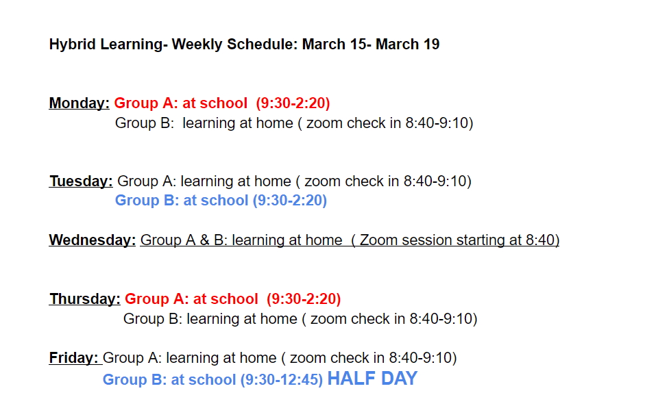 Hybrid Learning Schedule- March 15-March 19, 2021 – Maples Elementary ...